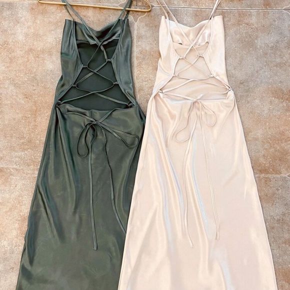 Dresses | New 2pcs Lace Up Backless Satin Sleep Dark Dress Green And ...